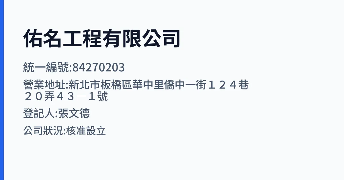佑名工程有限公司 - 統編 84270203(新北市) 公司登記資料與營業項目詳細圖表