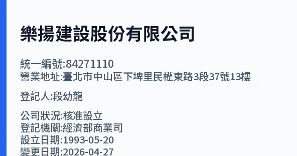 樂揚建設股份有限公司的照片-統編 84271110(臺北市) 公司登記資料與營業項目詳細圖表