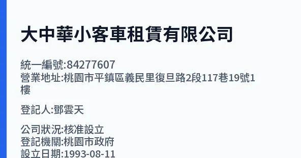 大中華小客車租賃有限公司的照片-統編 84277607(桃園市) 公司登記資料與營業項目詳細圖表