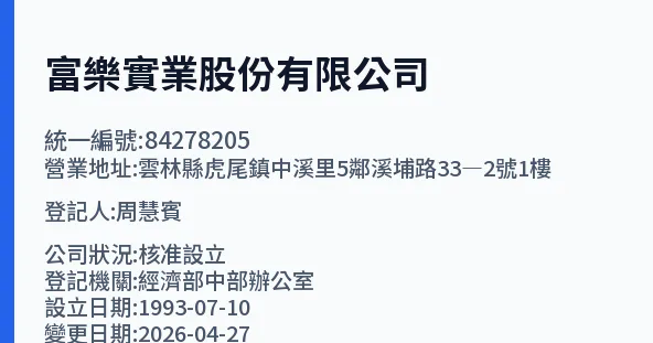富樂實業股份有限公司的照片-統編 84278205(雲林縣) 公司登記資料與營業項目詳細圖表