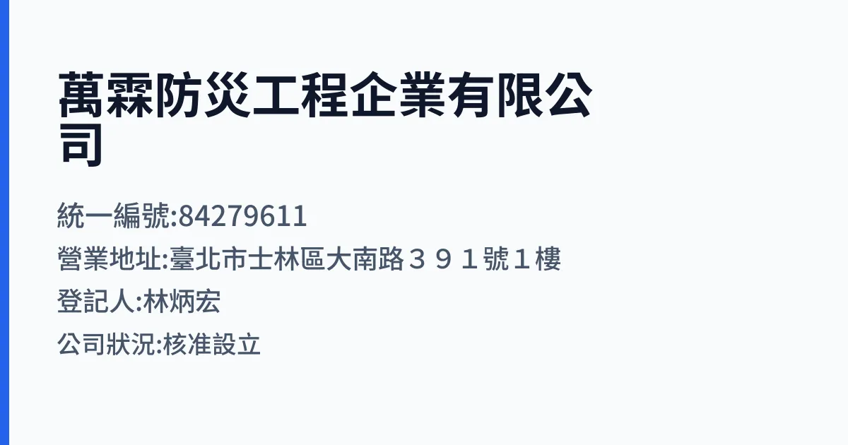 萬霖防災工程企業有限公司 - 統編 84279611(臺北市) 公司登記資料與營業項目詳細圖表