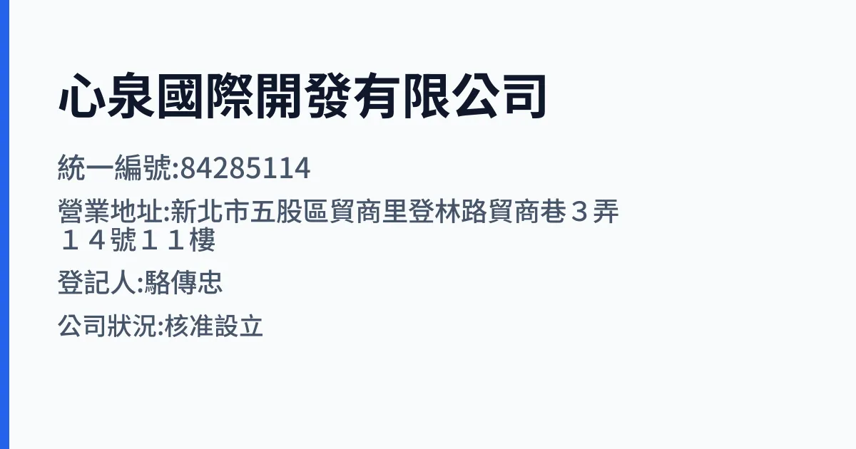 心泉國際開發有限公司 - 統編 84285114(新北市) 公司登記資料與營業項目詳細圖表