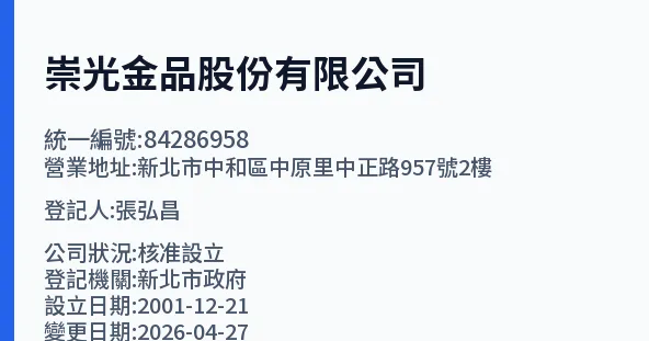 崇光金品股份有限公司的照片-統編 84286958(新北市) 公司登記資料與營業項目詳細圖表