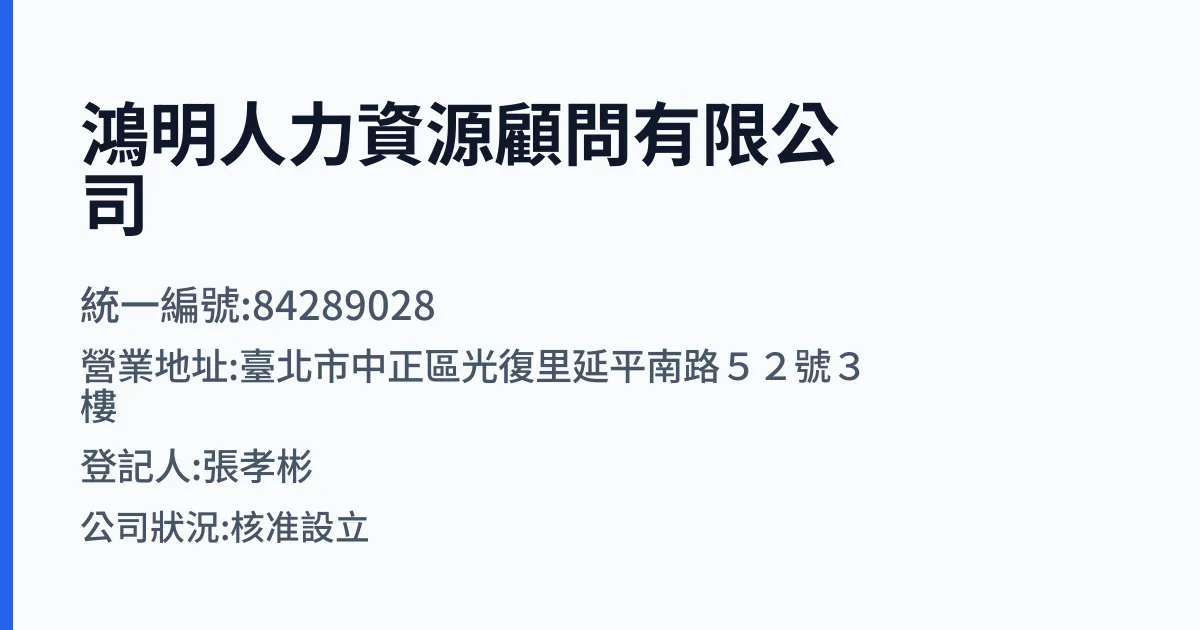 鴻明人力資源顧問有限公司 - 統編 84289028(臺北市) 公司登記資料與營業項目詳細圖表