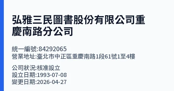 弘雅三民圖書股份有限公司重慶南路分公司的照片-統編 84292065(臺北市) 公司登記資料與營業項目詳細圖表
