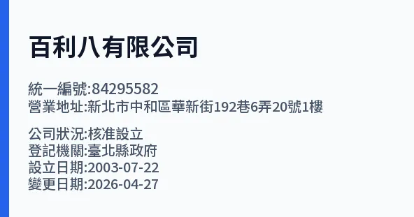 百利八有限公司的照片-統編 84295582(新北市) 公司登記資料與營業項目詳細圖表