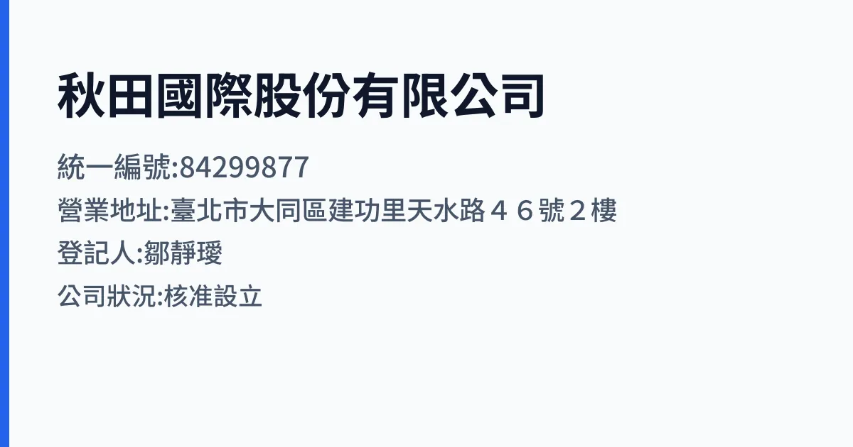 秋田國際股份有限公司 - 統編 84299877(臺北市) 公司登記資料與營業項目詳細圖表