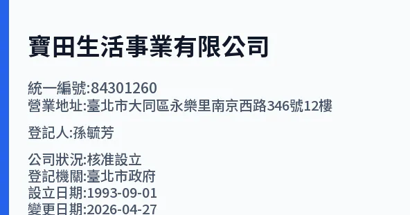 寶田生活事業有限公司的照片-統編 84301260(臺北市) 公司登記資料與營業項目詳細圖表