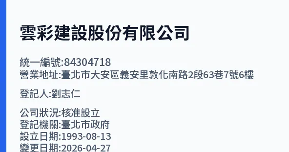 雲彩建設股份有限公司的照片-統編 84304718(臺北市) 公司登記資料與營業項目詳細圖表