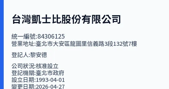 台灣凱士比股份有限公司的照片-統編 84306125(臺北市) 公司登記資料與營業項目詳細圖表