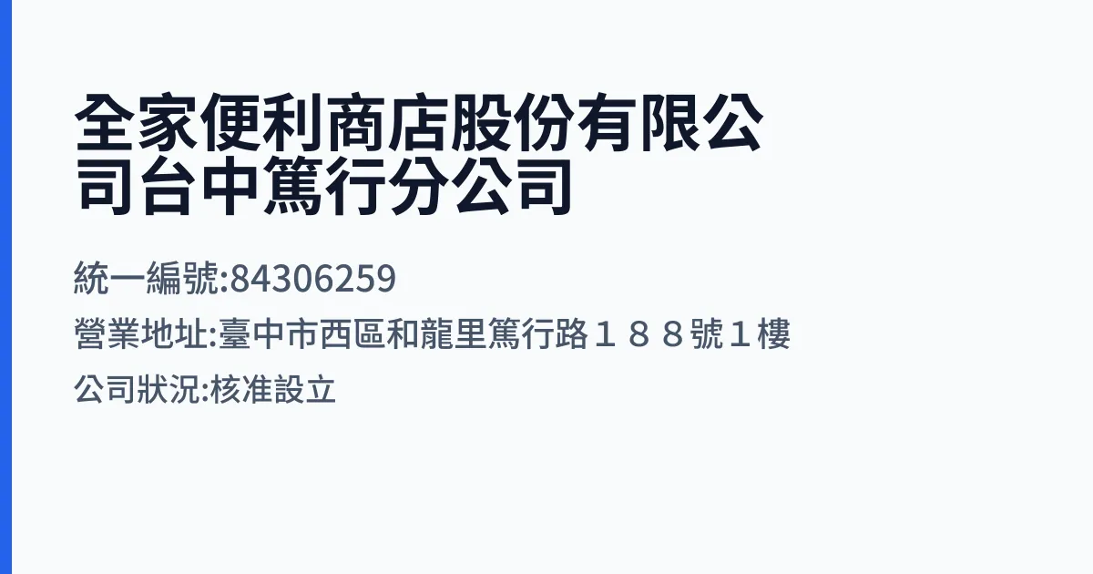 全家便利商店股份有限公司台中篤行分公司 - 統編 84306259(臺中市) 公司登記資料與營業項目詳細圖表
