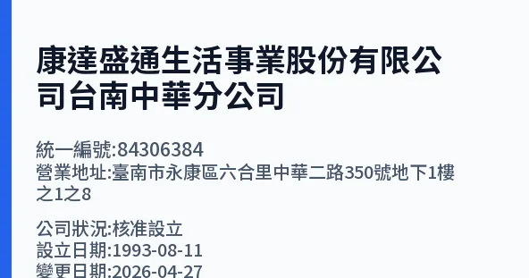 康達盛通生活事業股份有限公司台南中華分公司的照片-統編 84306384(臺南市) 公司登記資料與營業項目詳細圖表