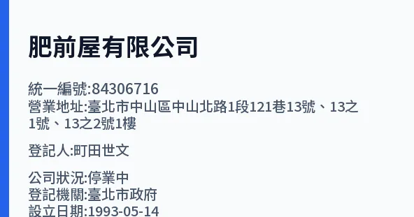 肥前屋有限公司的照片-統編 84306716(臺北市) 公司登記資料與營業項目詳細圖表