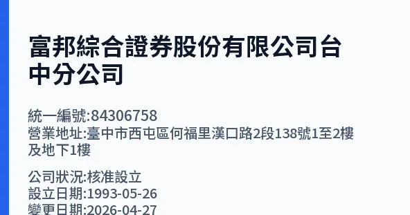 富邦綜合證券股份有限公司台中分公司的照片-統編 84306758(臺中市) 公司登記資料與營業項目詳細圖表
