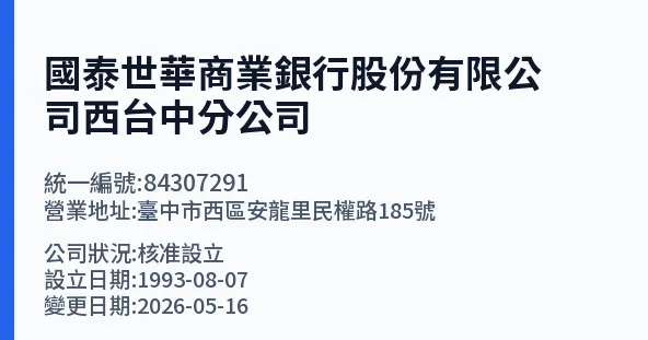 國泰世華商業銀行股份有限公司西台中分公司的照片-統編 84307291(臺中市) 公司登記資料與營業項目詳細圖表