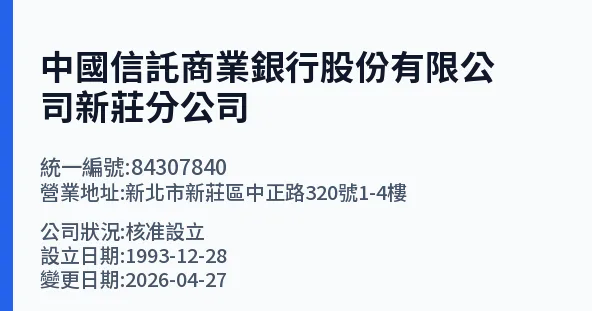 中國信託商業銀行股份有限公司新莊分公司的照片-統編 84307840(新北市) 公司登記資料與營業項目詳細圖表