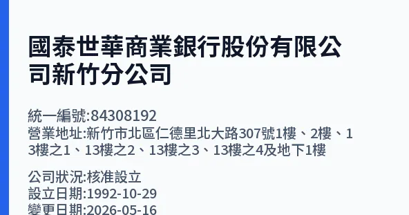 國泰世華商業銀行股份有限公司新竹分公司的照片-統編 84308192(新竹市) 公司登記資料與營業項目詳細圖表