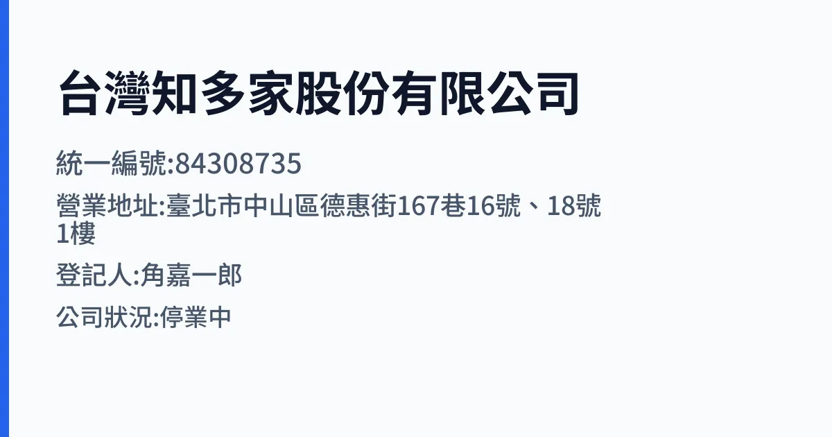 台灣知多家股份有限公司 - 統編 84308735(臺北市) 公司登記資料與營業項目詳細圖表