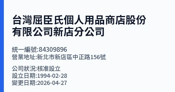 台灣屈臣氏個人用品商店股份有限公司新店分公司的照片-統編 84309896(新北市) 公司登記資料與營業項目詳細圖表