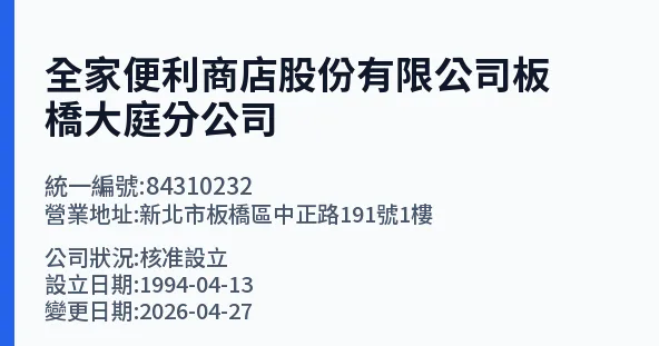 全家便利商店股份有限公司板橋大庭分公司的照片-統編 84310232(新北市) 公司登記資料與營業項目詳細圖表