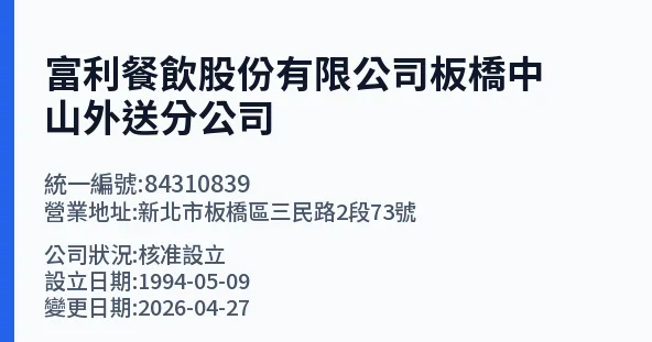 富利餐飲股份有限公司板橋中山外送分公司的照片-統編 84310839(新北市) 公司登記資料與營業項目詳細圖表
