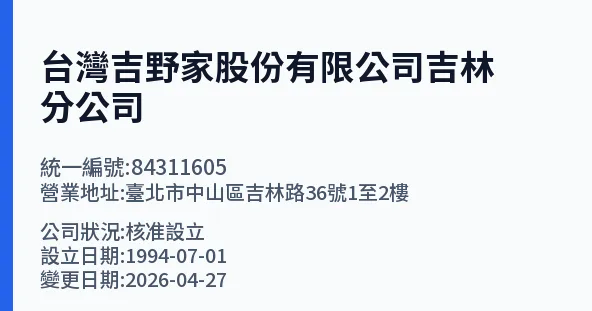 台灣吉野家股份有限公司吉林分公司的照片-統編 84311605(臺北市) 公司登記資料與營業項目詳細圖表