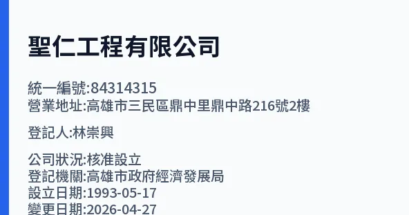 聖仁工程有限公司的照片-統編 84314315(高雄市) 公司登記資料與營業項目詳細圖表