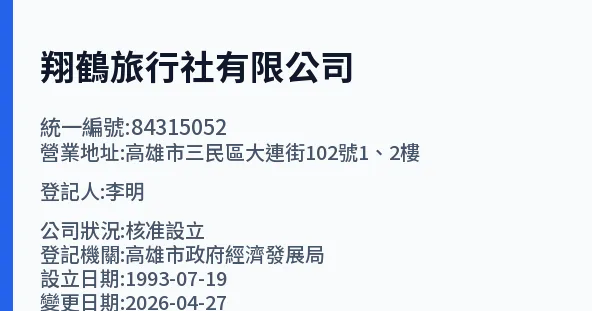 翔鶴旅行社有限公司的照片-統編 84315052(高雄市) 公司登記資料與營業項目詳細圖表