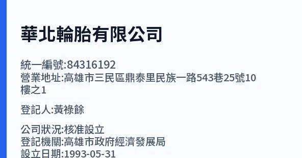 華北輪胎有限公司的照片-統編 84316192(高雄市) 公司登記資料與營業項目詳細圖表