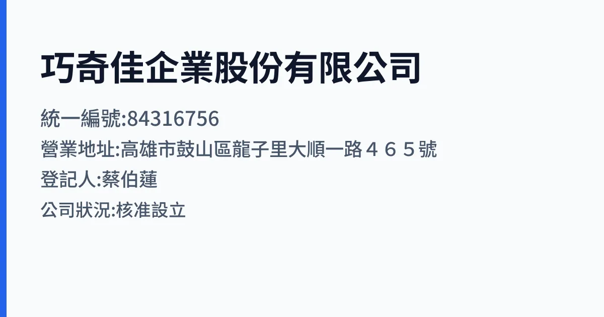 巧奇佳企業股份有限公司 - 統編 84316756(高雄市) 公司登記資料與營業項目詳細圖表