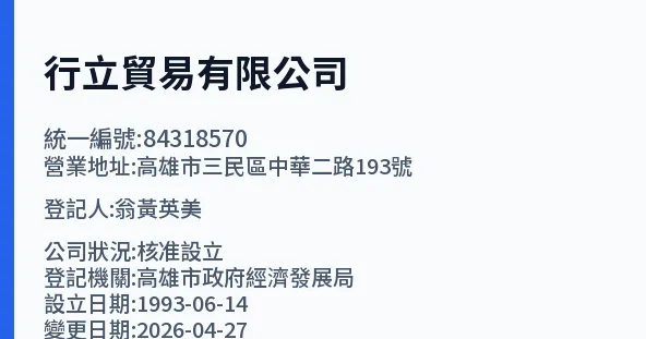 行立貿易有限公司的照片-統編 84318570(高雄市) 公司登記資料與營業項目詳細圖表