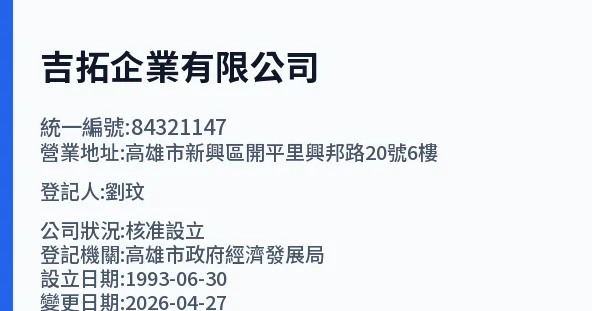 吉拓企業有限公司的照片-統編 84321147(高雄市) 公司登記資料與營業項目詳細圖表