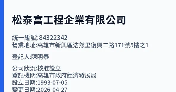 松泰富工程企業有限公司的照片-統編 84322342(高雄市) 公司登記資料與營業項目詳細圖表