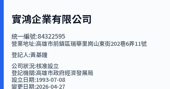實鴻企業有限公司的照片-統編 84322595(高雄市) 公司登記資料與營業項目詳細圖表