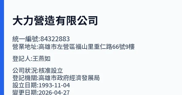 大力營造有限公司的照片-統編 84322883(高雄市) 公司登記資料與營業項目詳細圖表