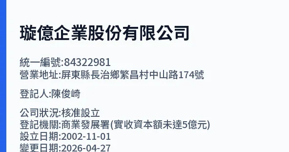 璇億企業股份有限公司的照片-統編 84322981(屏東縣) 公司登記資料與營業項目詳細圖表