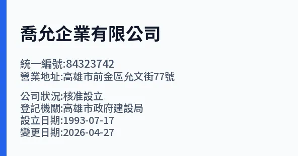 喬允企業有限公司的照片-統編 84323742(高雄市) 公司登記資料與營業項目詳細圖表