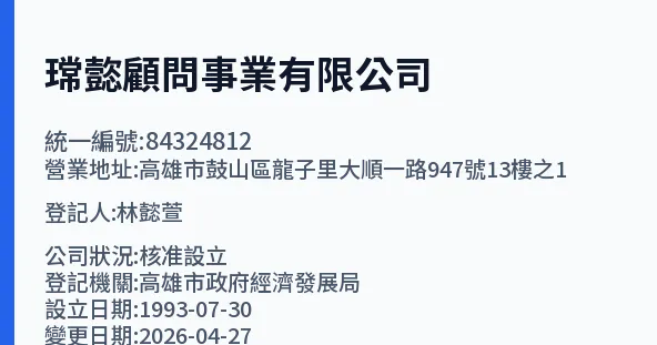 瑺㦤顧問事業有限公司的照片-統編 84324812(高雄市) 公司登記資料與營業項目詳細圖表