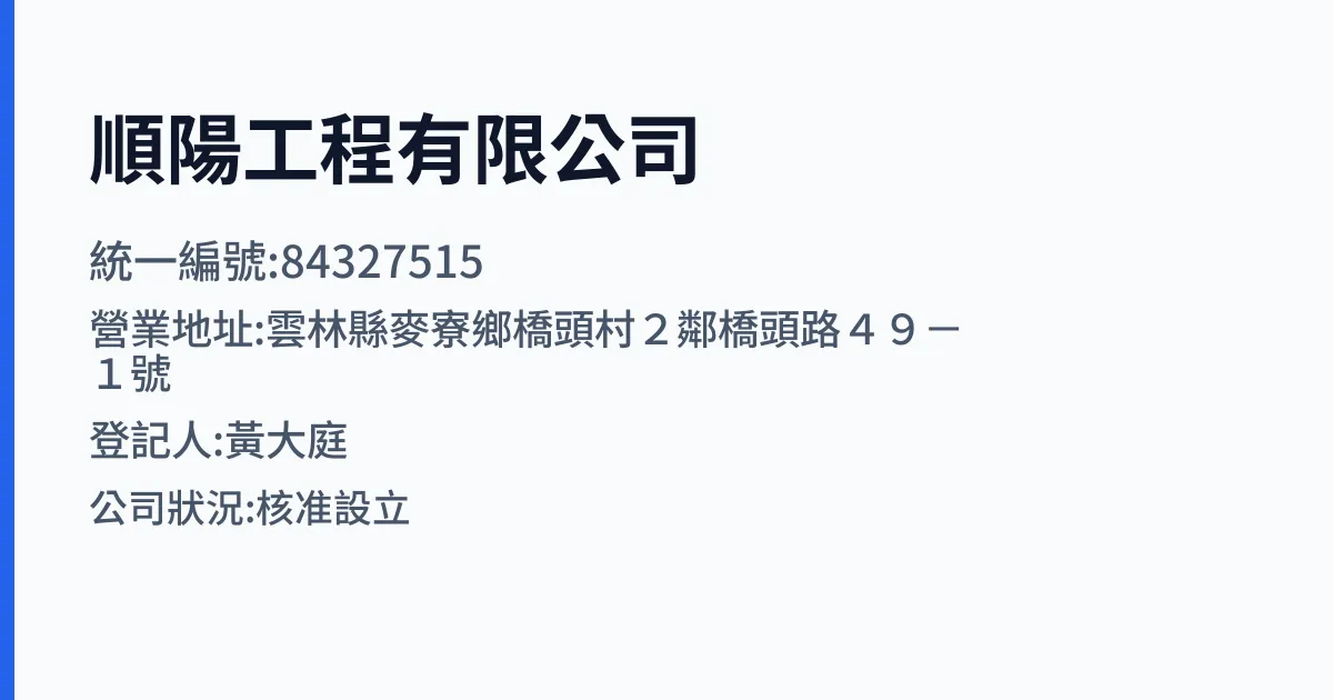 順陽工程有限公司 - 統編 84327515(雲林縣) 公司登記資料與營業項目詳細圖表