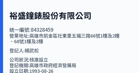 裕盛鐘錶股份有限公司的照片-統編 84328459(高雄市) 公司登記資料與營業項目詳細圖表