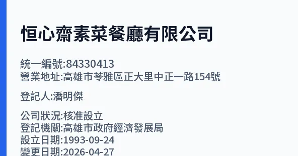 恒心齋素菜餐廳有限公司的照片-統編 84330413(高雄市) 公司登記資料與營業項目詳細圖表
