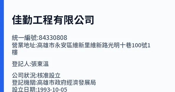佳勤工程有限公司的照片-統編 84330808(高雄市) 公司登記資料與營業項目詳細圖表