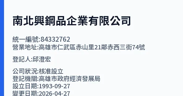南北興鋼品企業有限公司的照片-統編 84332762(高雄市) 公司登記資料與營業項目詳細圖表