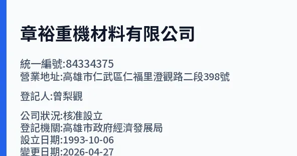 章裕重機材料有限公司的照片-統編 84334375(高雄市) 公司登記資料與營業項目詳細圖表