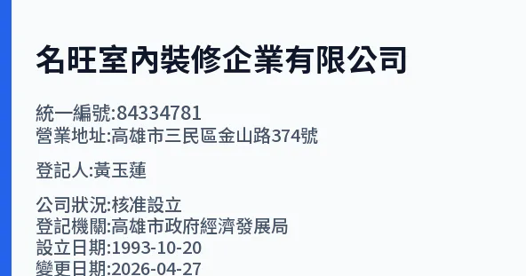 名旺室內裝修企業有限公司的照片-統編 84334781(高雄市) 公司登記資料與營業項目詳細圖表