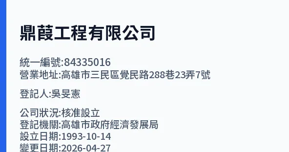 鼎葭工程有限公司的照片-統編 84335016(高雄市) 公司登記資料與營業項目詳細圖表