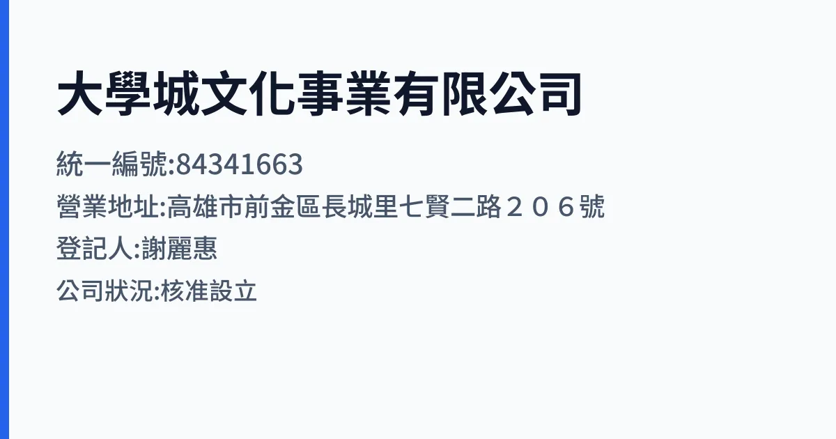大學城文化事業有限公司 - 統編 84341663(高雄市) 公司登記資料與營業項目詳細圖表