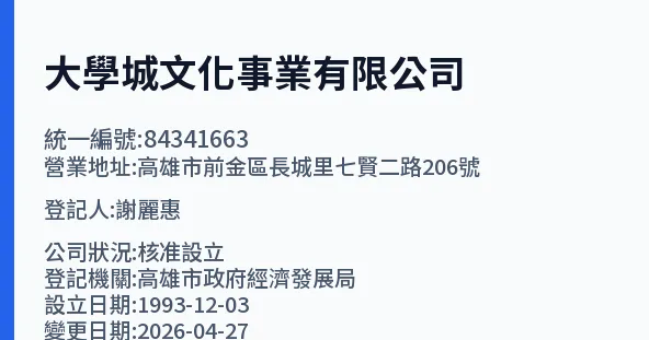 大學城文化事業有限公司的照片-統編 84341663(高雄市) 公司登記資料與營業項目詳細圖表