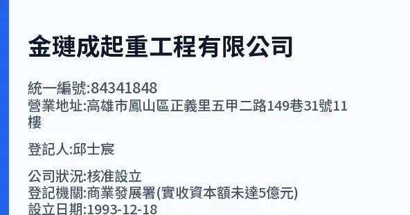 金璉成起重工程有限公司的照片-統編 84341848(高雄市) 公司登記資料與營業項目詳細圖表