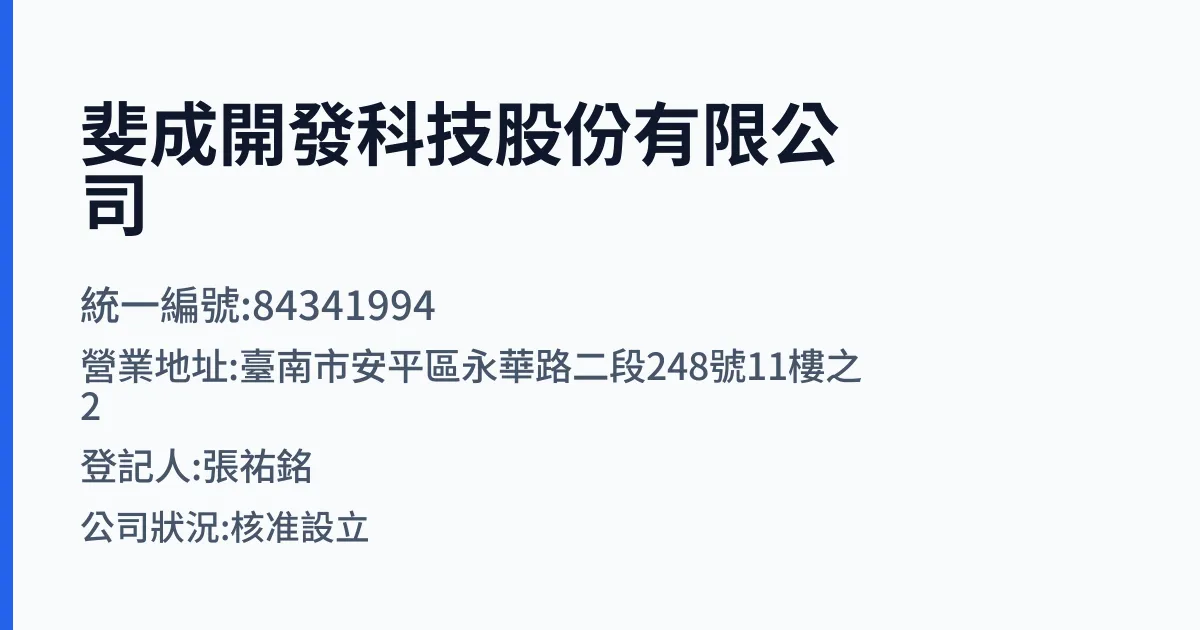 斐成開發科技股份有限公司 - 統編 84341994(臺南市) 公司登記資料與營業項目詳細圖表